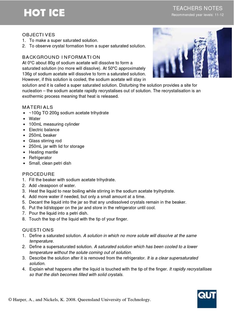 Hot Ice Teacher Worksheet | PDF | Crystallization | Thermodynamics