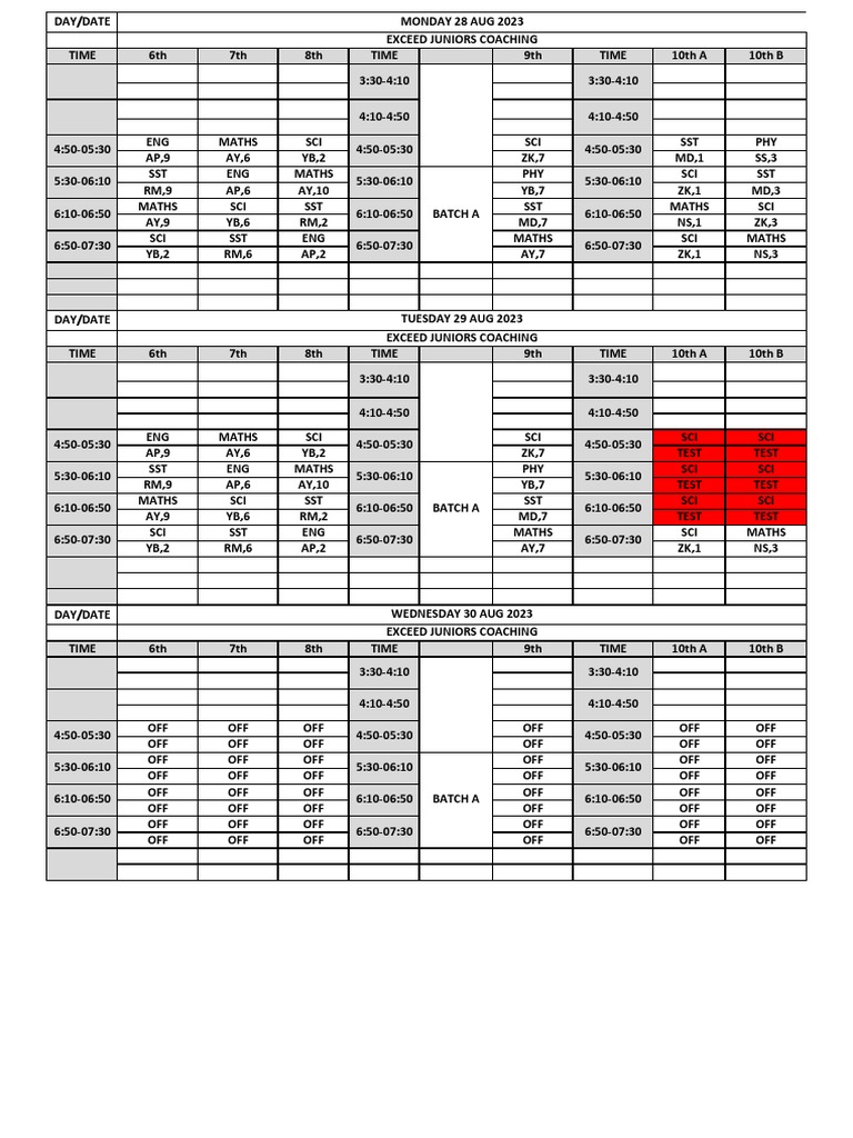 Exceed Juniors Coaching Schedule | PDF