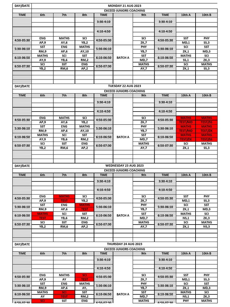 Exceed Juniors Coaching Timetable | PDF