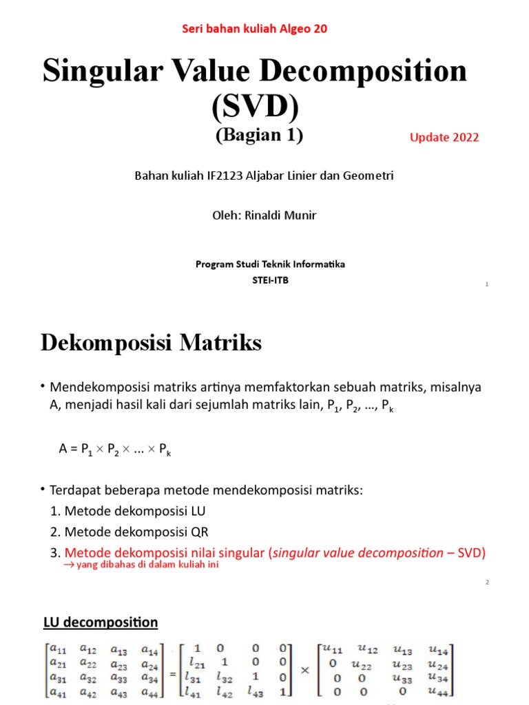 Algeo 20 Singular Value Decomposition Bagian1 2022 | PDF