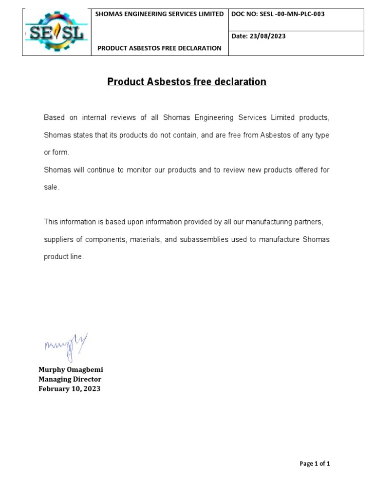 Product Asbestos Free Declaration | PDF