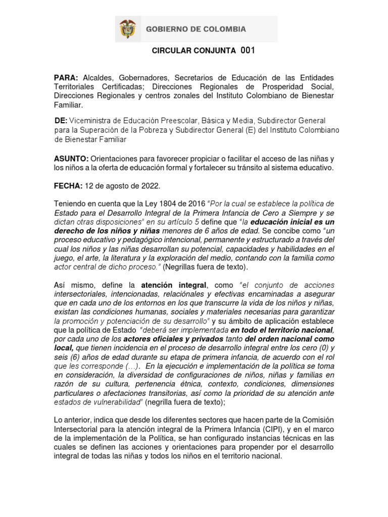 Circular Conjunta 001 de 12 Agosto 2022 ANEXOS MEN-ICBF-Prosperidad Social | PDF | Educación de ...