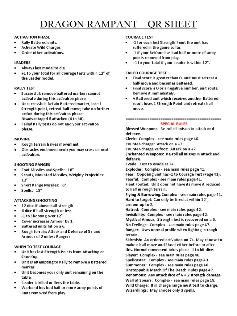 Dragon Rampant Quick Reference Sheet | PDF