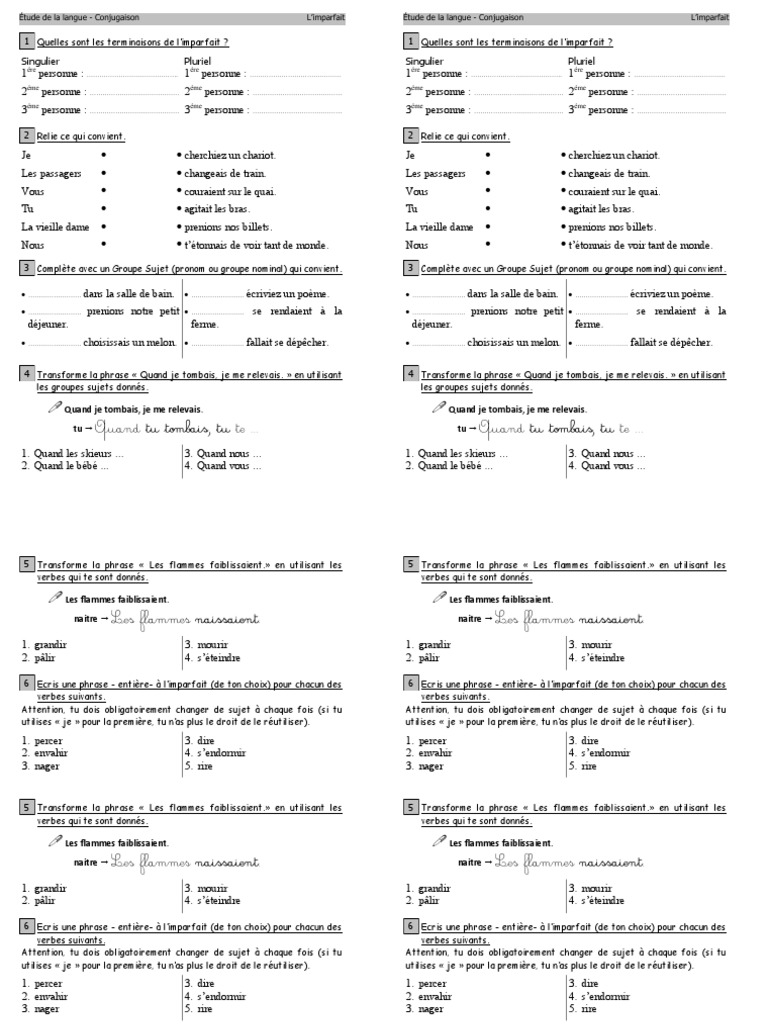Conjugaison Imparfait Ex-Entrainement 10-11 CE2 | PDF | Phrase ...