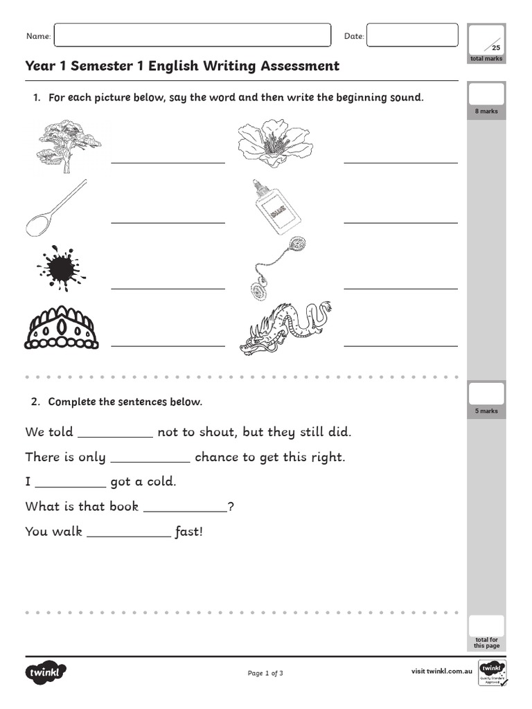 Year 1 English Writing Assessment | PDF | Consonant | Syllable