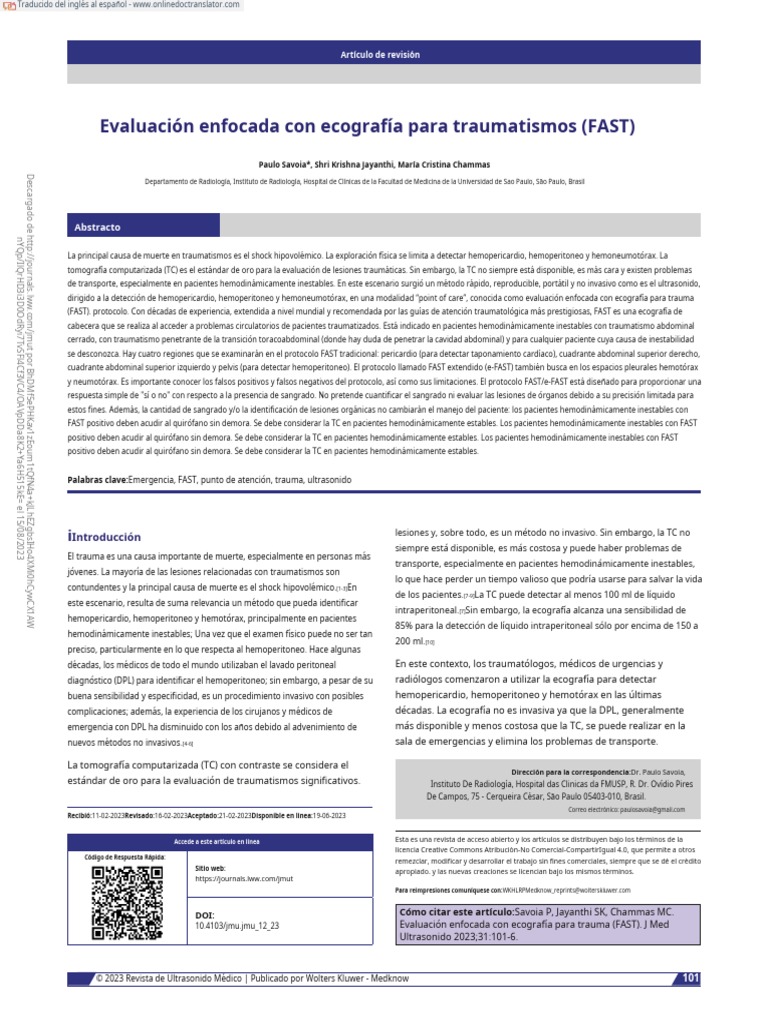 Ecografía FAST en Trauma: Guía Esencial | PDF | Ultrasonido | Lesión