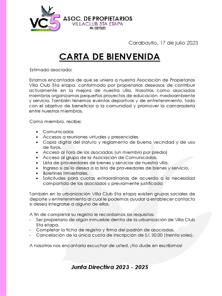 Carta de Bienvenida | PDF