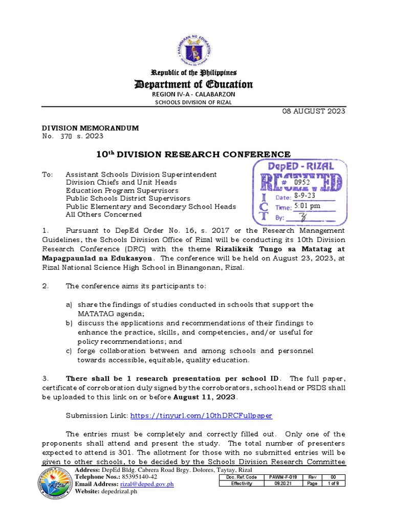 Division Memorandum No. 370, S. 2023 | PDF | Public Administration | Philippines