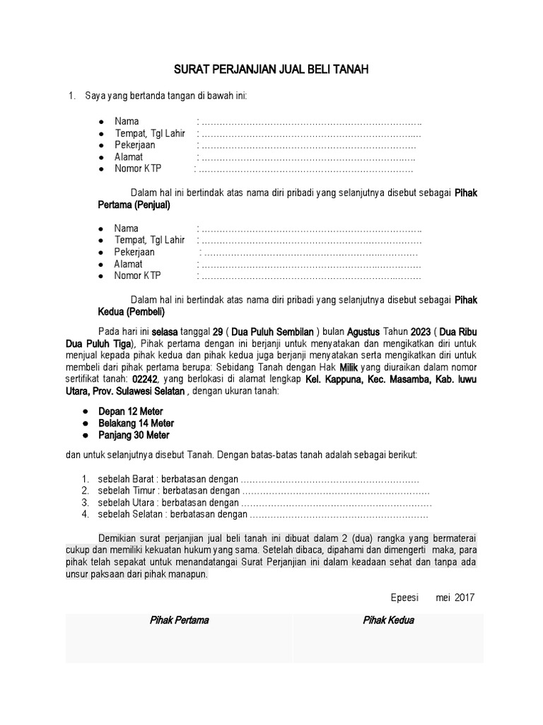 Surat Perjanjian Jual Beli Tanah | PDF