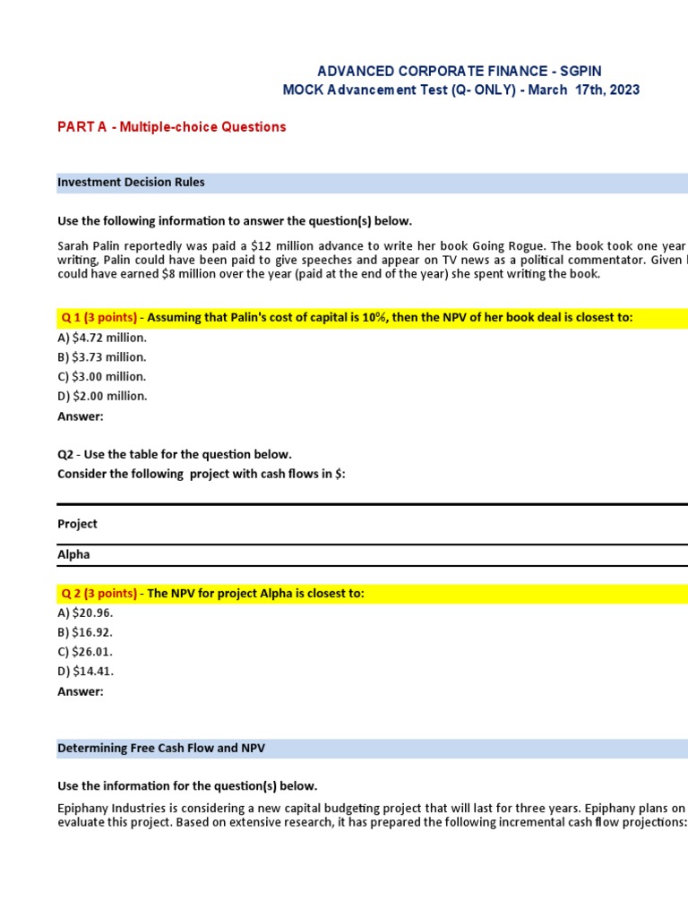 SGPIN Advanced Finance Mock Test | PDF | Valuation (Finance) | Equity ...