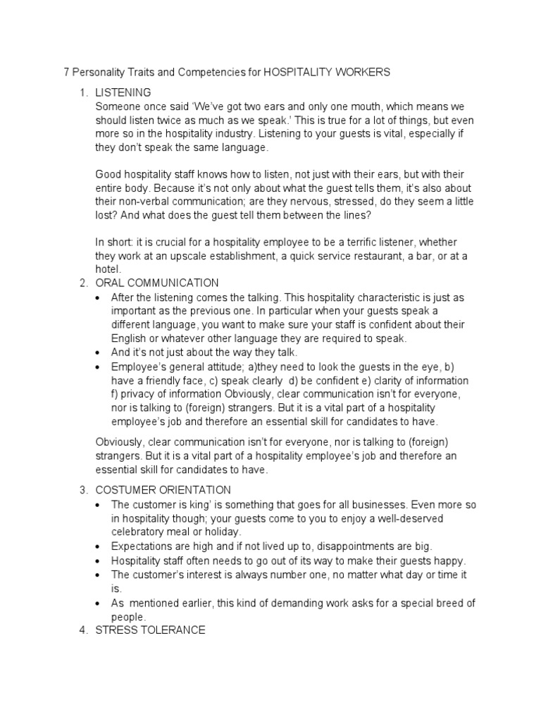 7 Personality Traits and Competencies For HOSPITALITY WORKERS | PDF ...