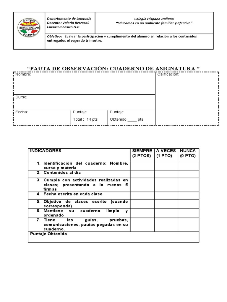 Pauta Revision de Cuadernos 8 Basico | PDF