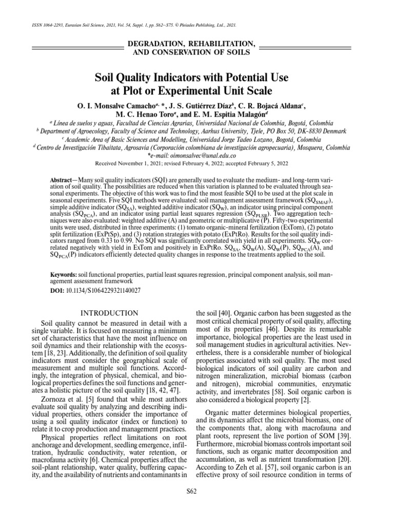 Monsalve Et Al. 2022. Soil Quality Indicators With Potential Use at Plot or Experimental Unit ...