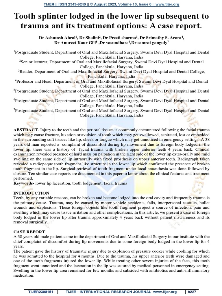 Tooth Fragment in Lip: Case Report | PDF | Injury | Clinical Medicine