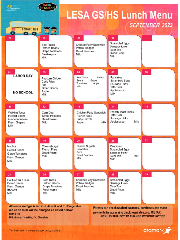 August September 2023 Lesa Gshs Lunch Menu | PDF