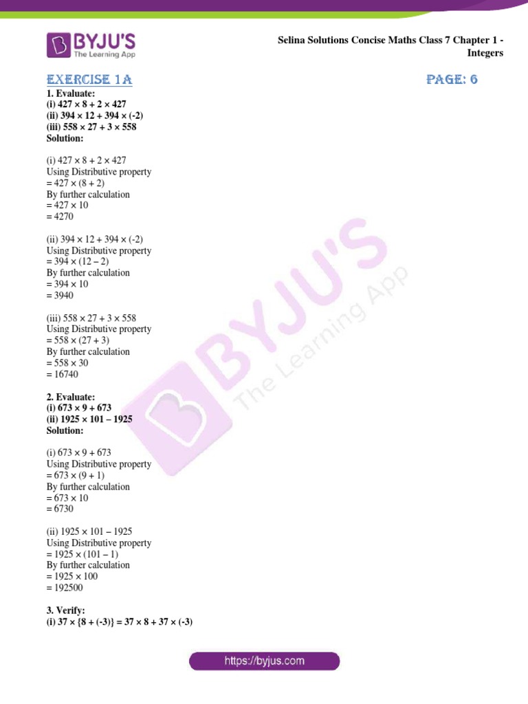 Selina Sol Concise Maths Class 7 Ch1 Integers | Download Free PDF | Numbers | Integer