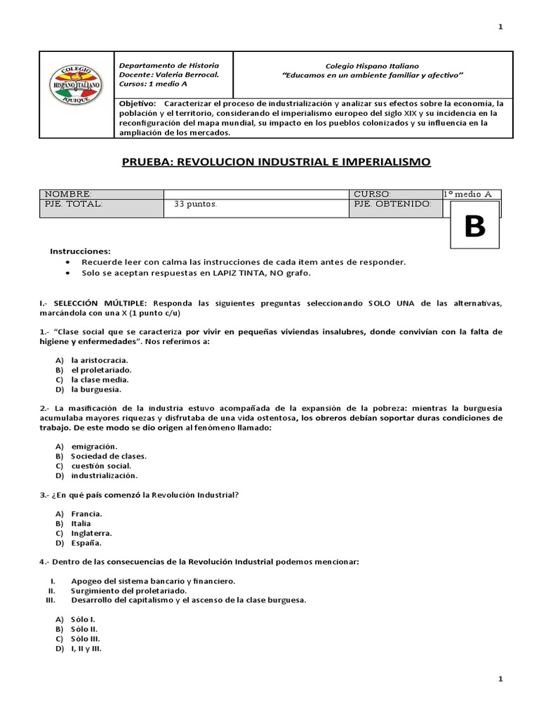 Prueba Rev. Ind. 1 Medio Fila B | PDF | Revolución industrial | España