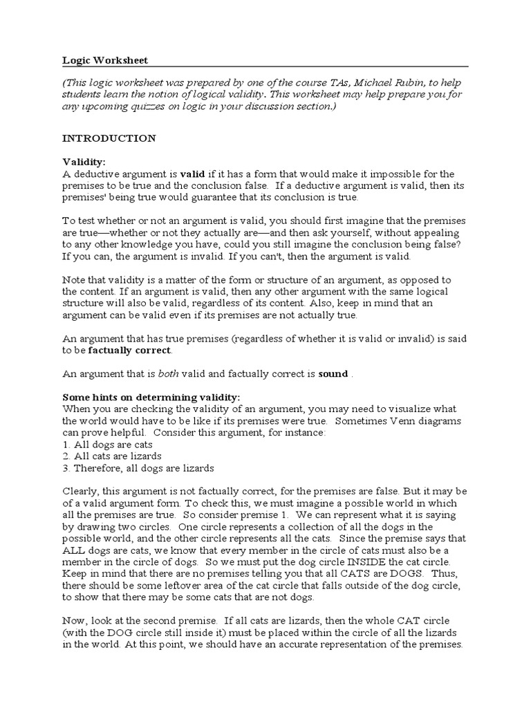 Logic Worksheet | PDF | Argument | Logic