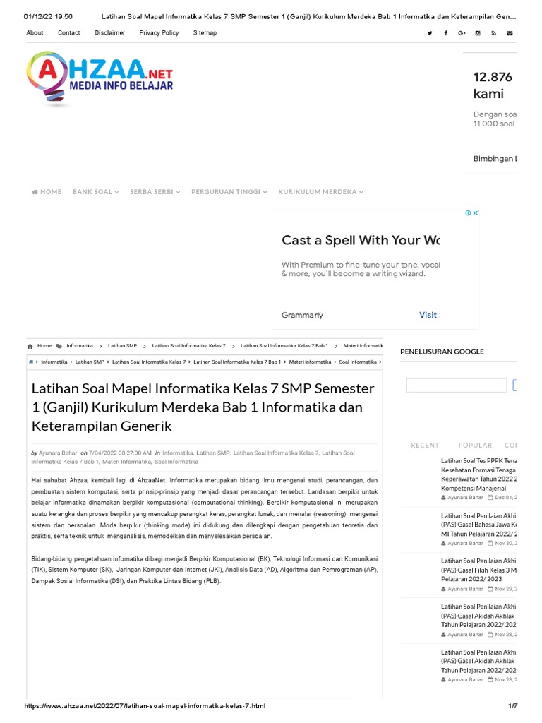 Informatika Bab 1 Latihan Kelas 7 Informatika Dan Keterampilan Generik ...