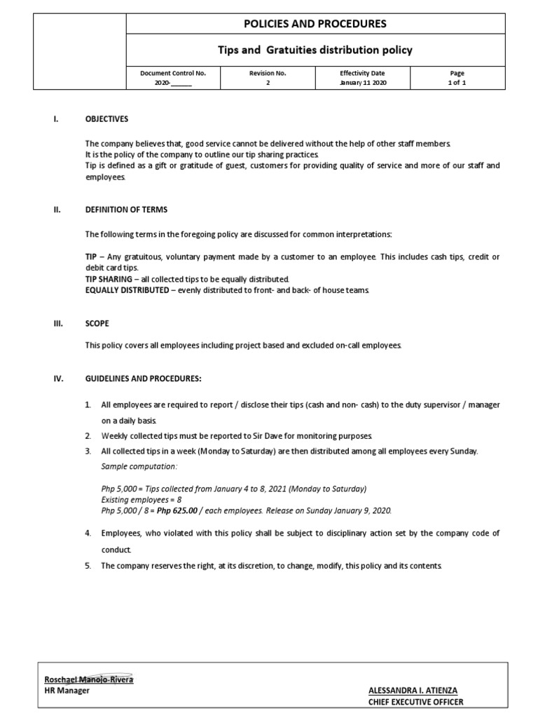 Tips and Gratuities Distribution Policy | PDF | Gratuity | Economies