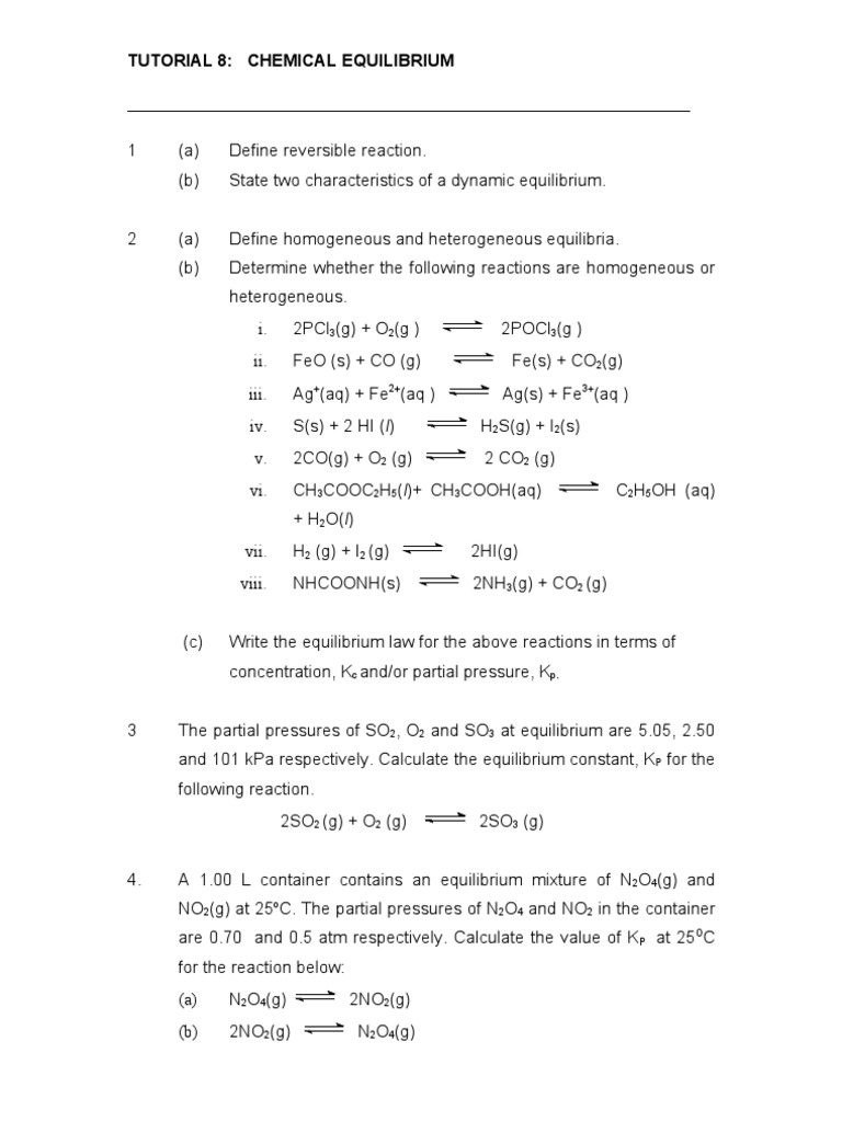 Tutorial 8-Chemical Equilibrium | PDF | Chemical Equilibrium | Chemistry