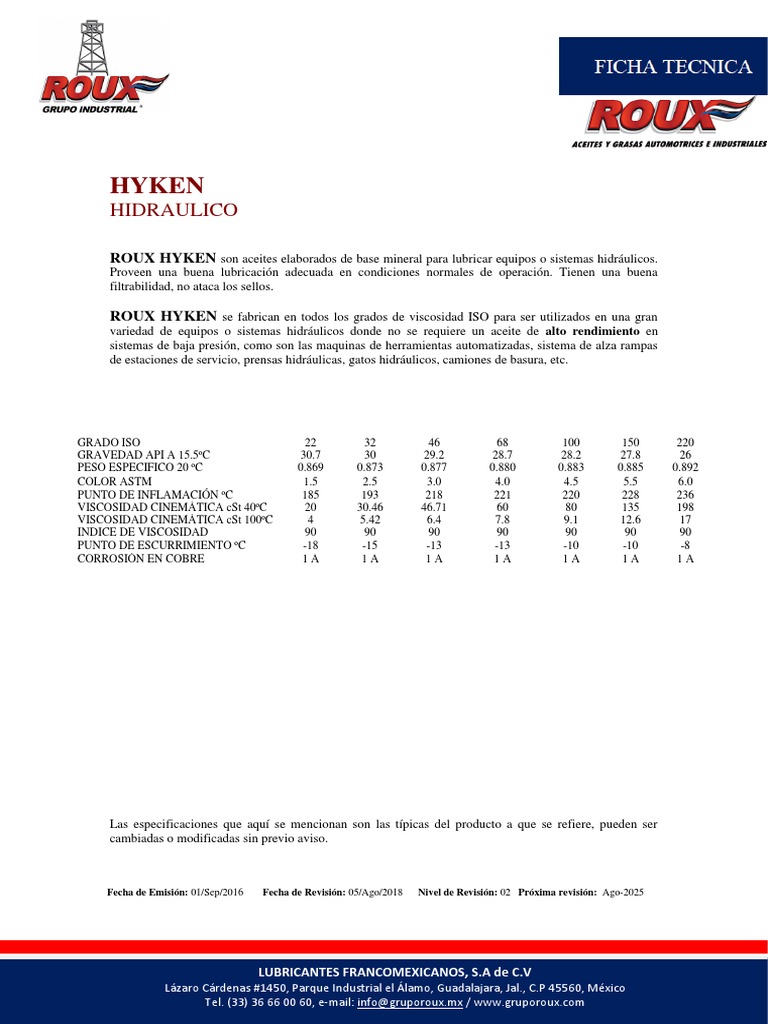 Aceites Hidráulicos Roux Hyken ISO | PDF