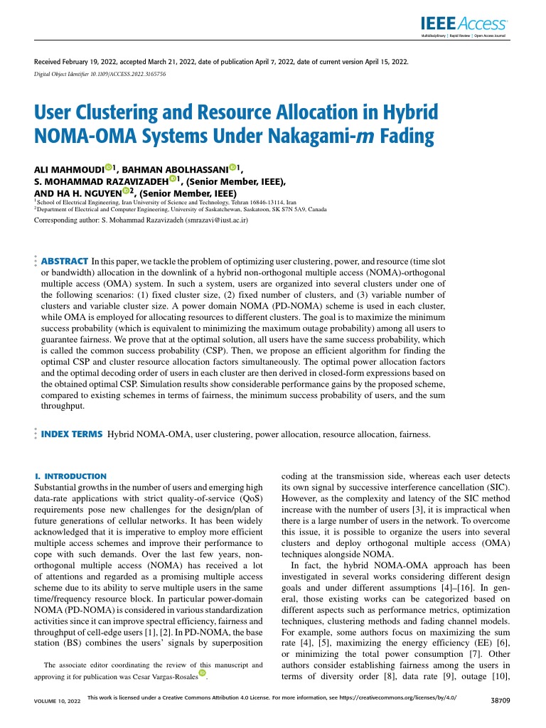 User Clustering And Resource Allocation In Hybrid Noma Oma Systems Under Nakagami M Fading Pdf