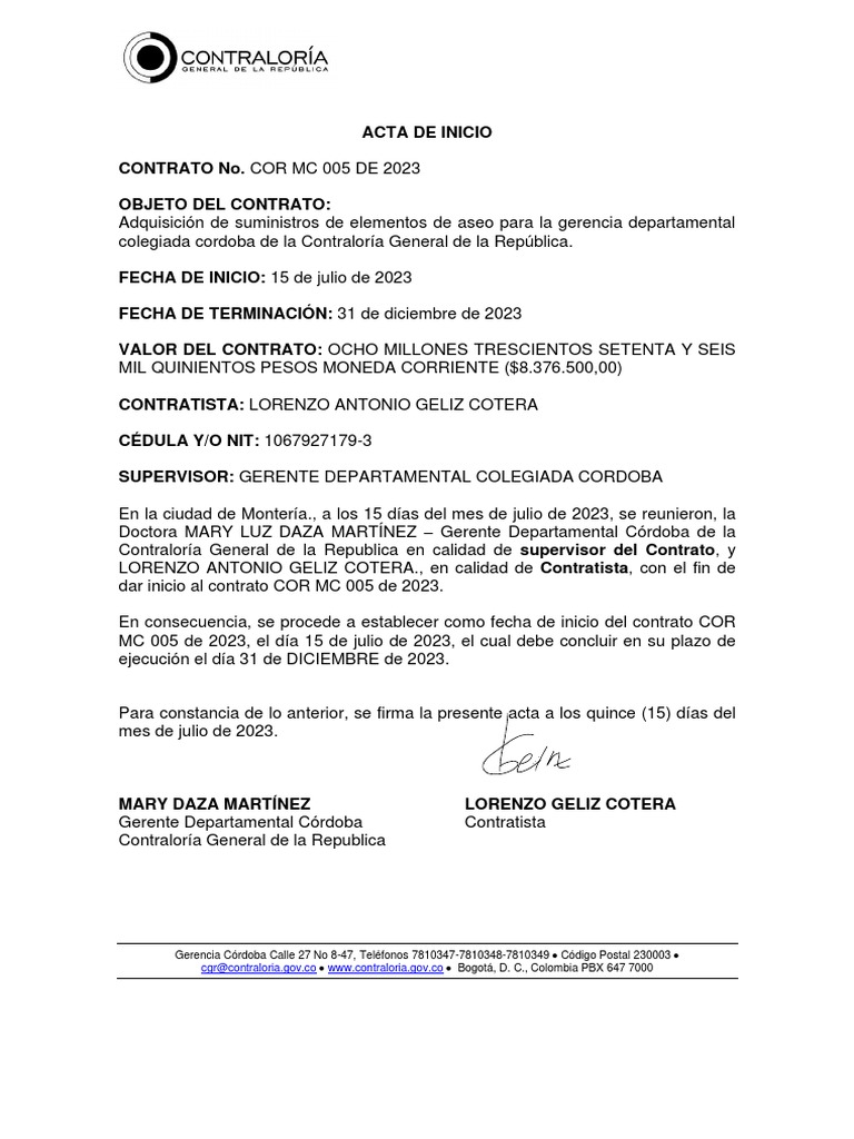 Acta de Inicio Contrato COR MC 005 2023 | PDF