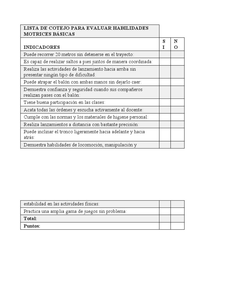 Lista de Cotejo para Evaluar Habilidades Motrices Básicas | PDF Lista de Cotejo para Evaluar Habilidades Motrices Básicas | PDF