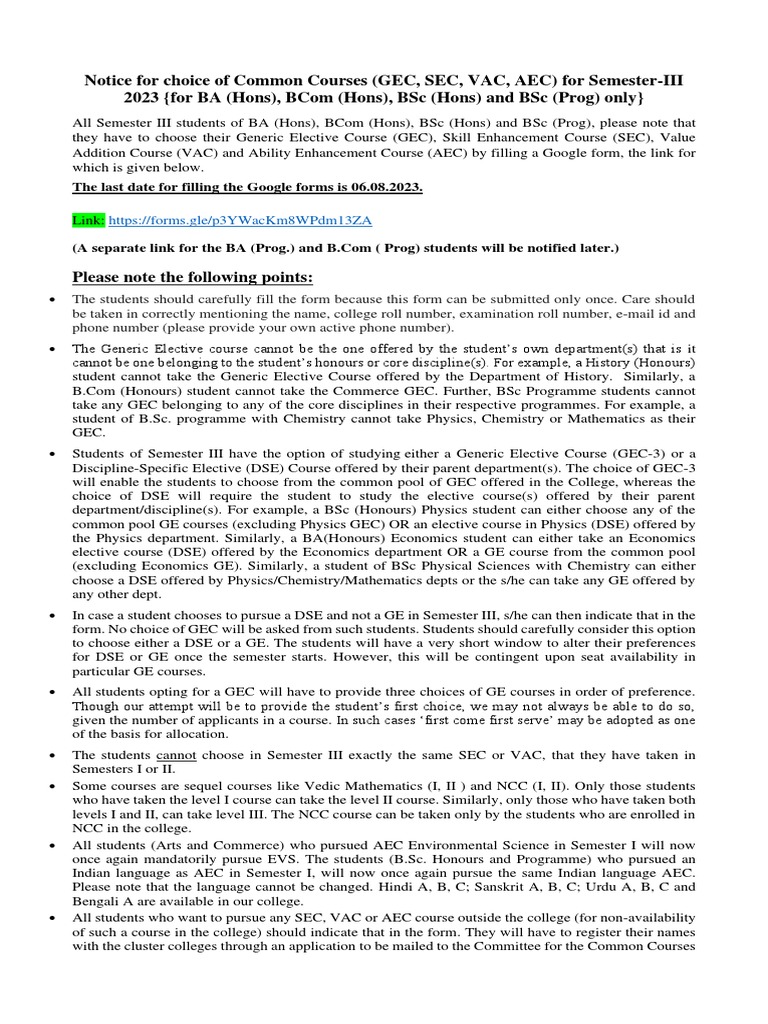 Notice For Choice of Common Courses (Gec, Sec, Vac, Aec) For Semester-Iii 2023 (For Ba (Hons ...