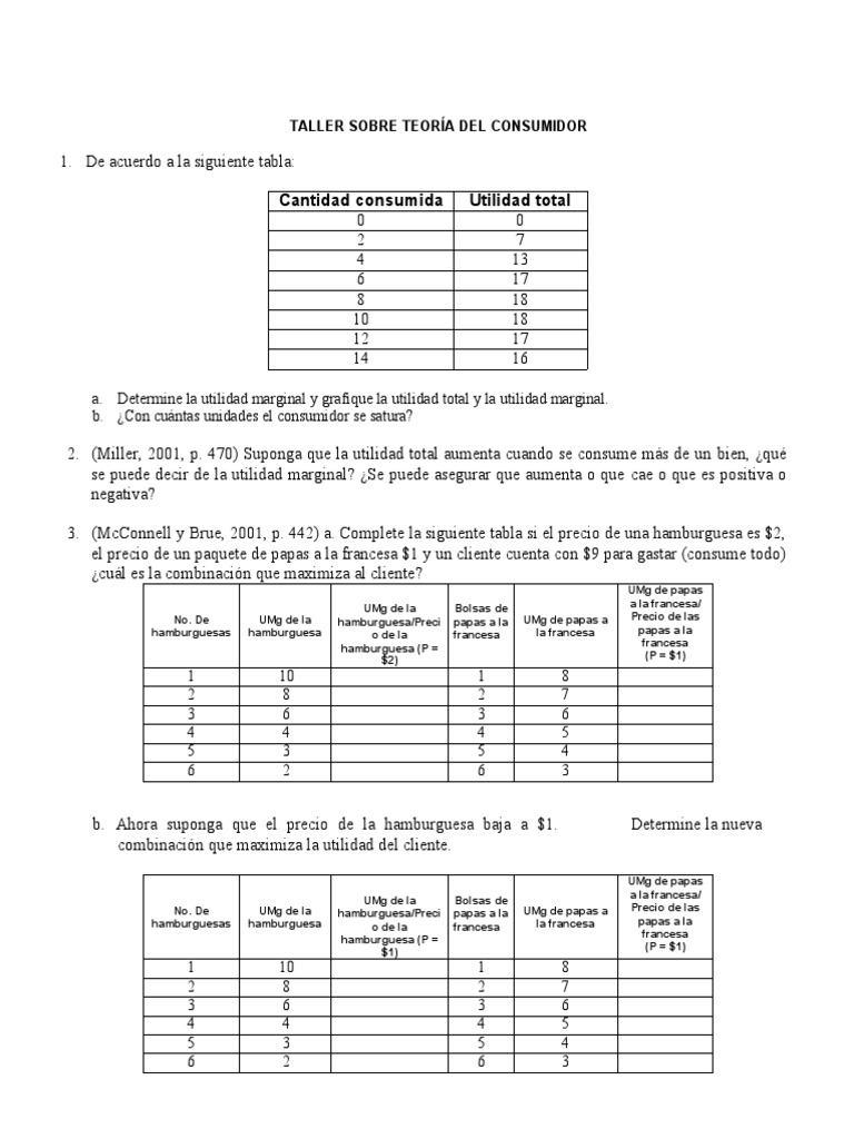 Taller Teoría - Del - Consumidor | PDF | Utilidad | Utilidad marginal
