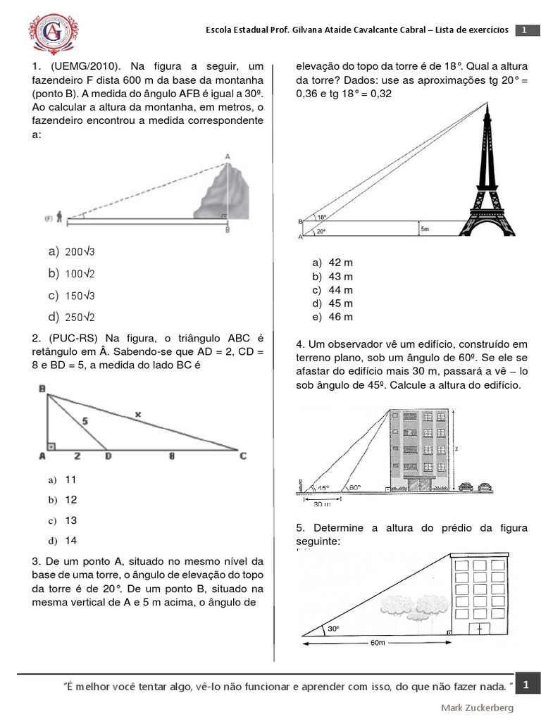 Lista de Exercícios 2 Ano (Trigonometria) | PDF | Trigonometria ...