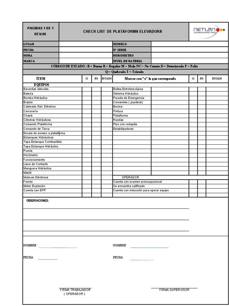 Check List Elevador Plataforma (E) | PDF