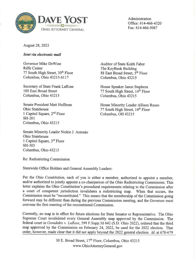 Ohio Attorney General Dave Yost's Letter To Redistricting Commission | PDF