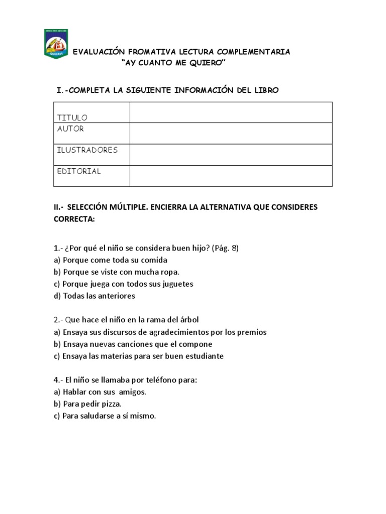 Prueba LECTURA COMPLEMENTARIA Ay Cuanto Me Quiero | PDF