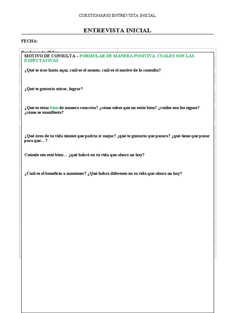 Cuestionario Entrevista Inicial | PDF
