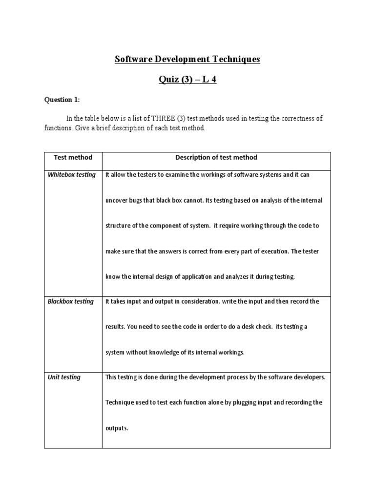 3rd Quiz L4-Software Development Techniques | PDF | Software Testing ...