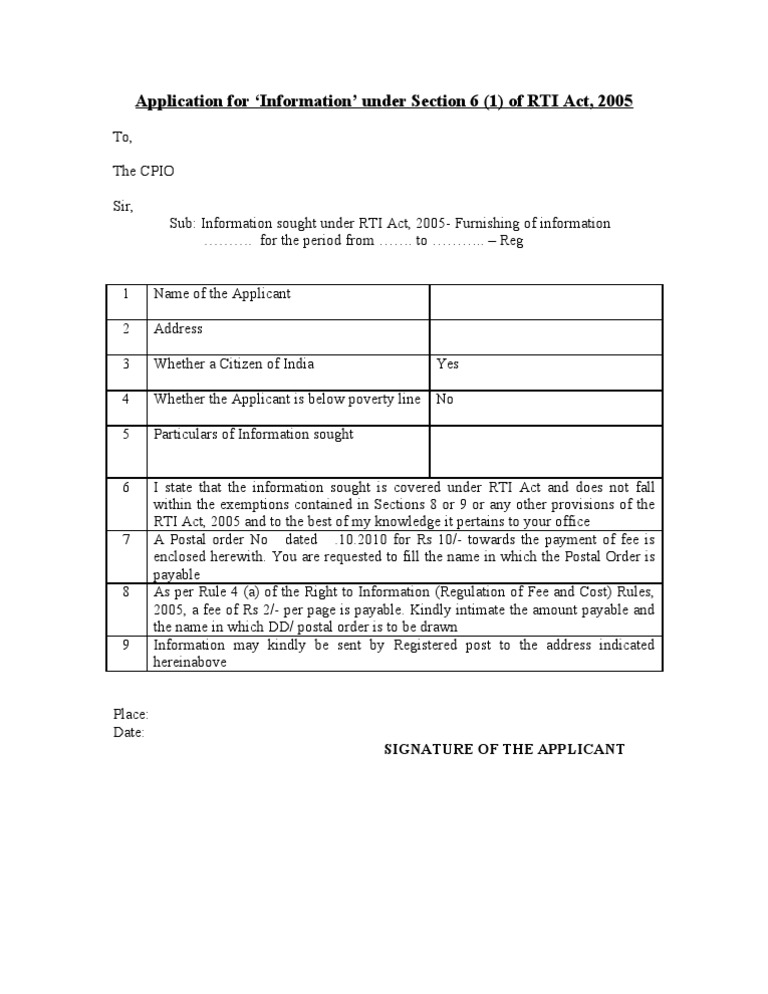 RTI Application Format | PDF RTI Application Format | PDF