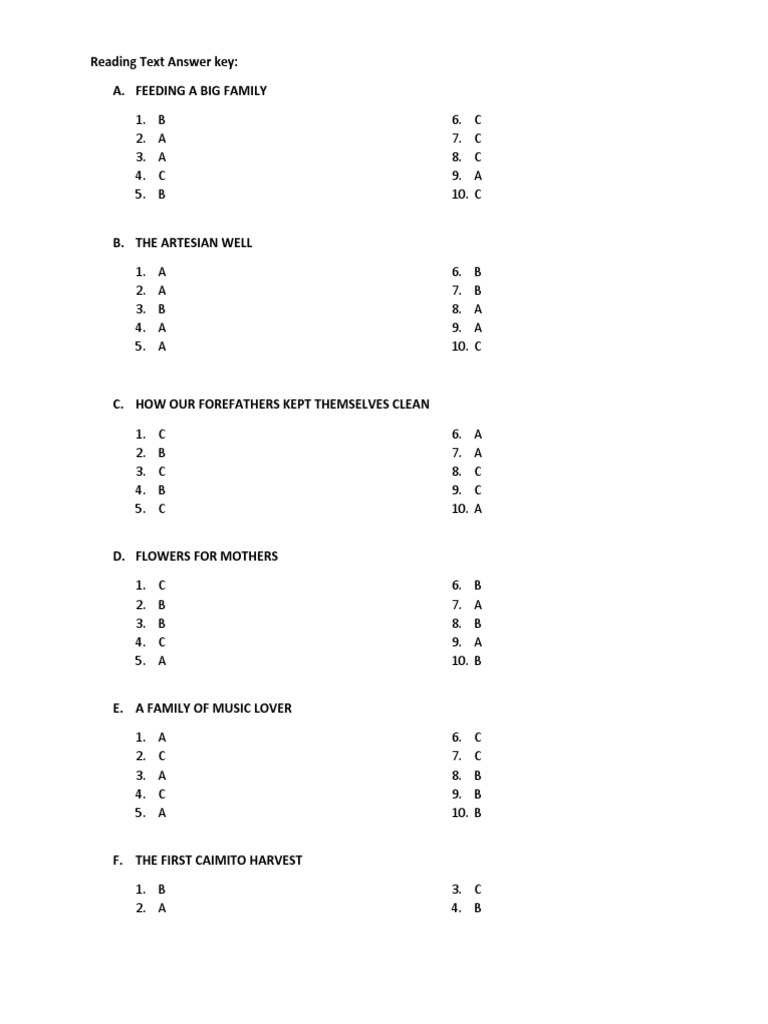 Reading Text Answer Key | PDF