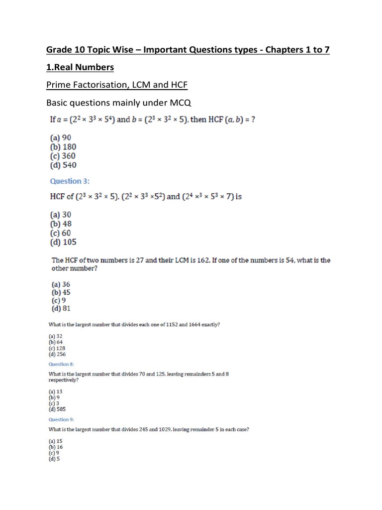 Grade 10 CH 1 - 7 Topic Wise Important Questions PDF | PDF