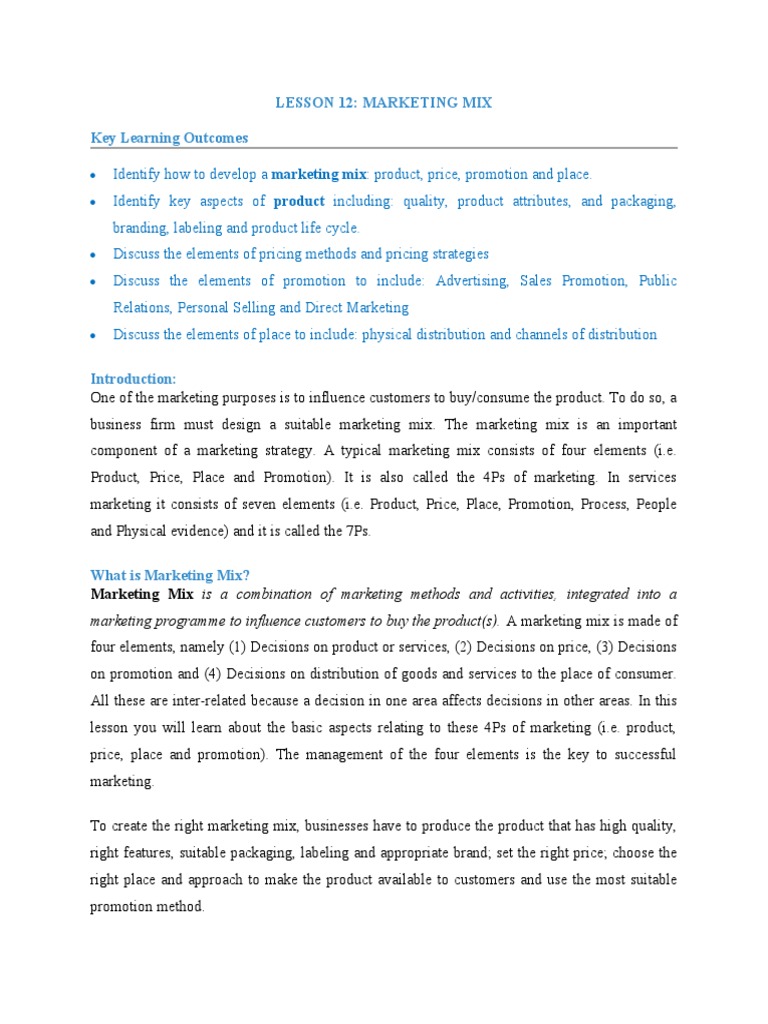Lesson 12 - Marketing Mix | PDF | Marketing | Pricing