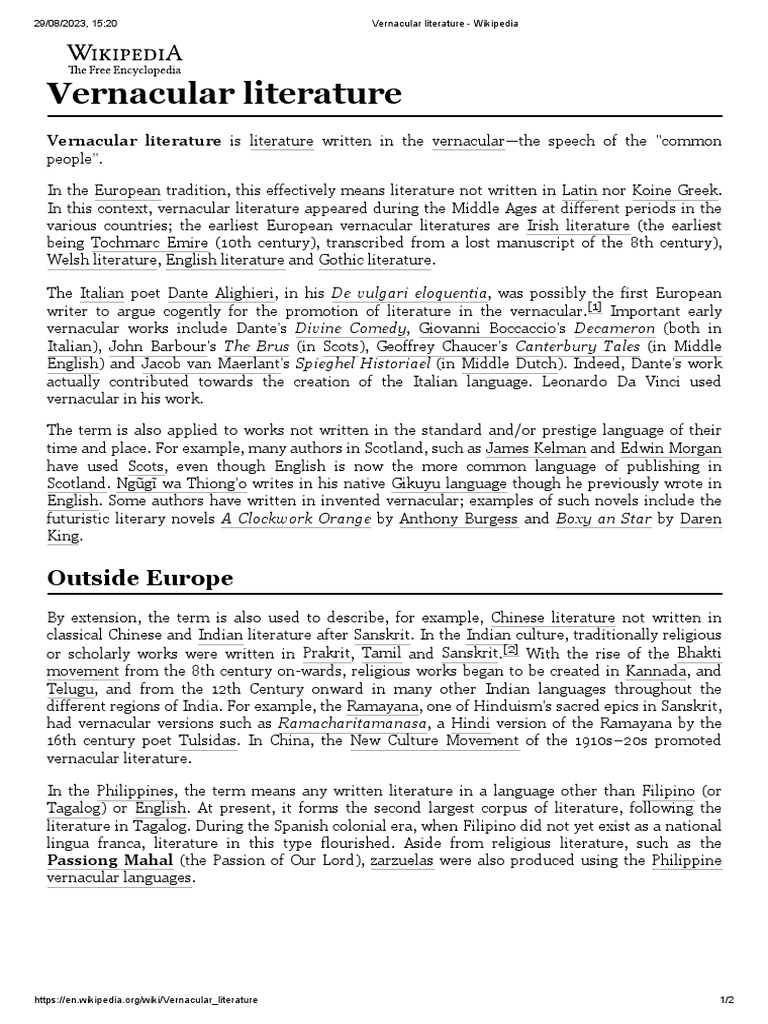 Vernacular Literature - Wikipedia | PDF | Linguistics | Sociolinguistics