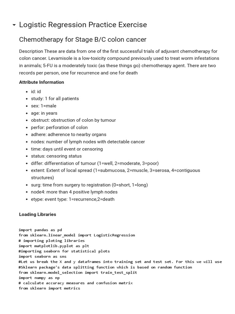 Logistic Regression Practice Exercise Solutions Ipynb Colaboratory Pdf Colorectal Cancer