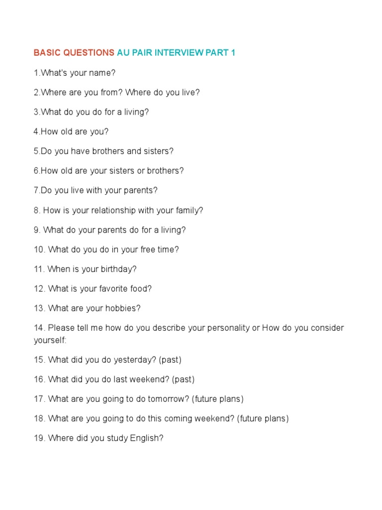 Interview Au Pair Questions | PDF