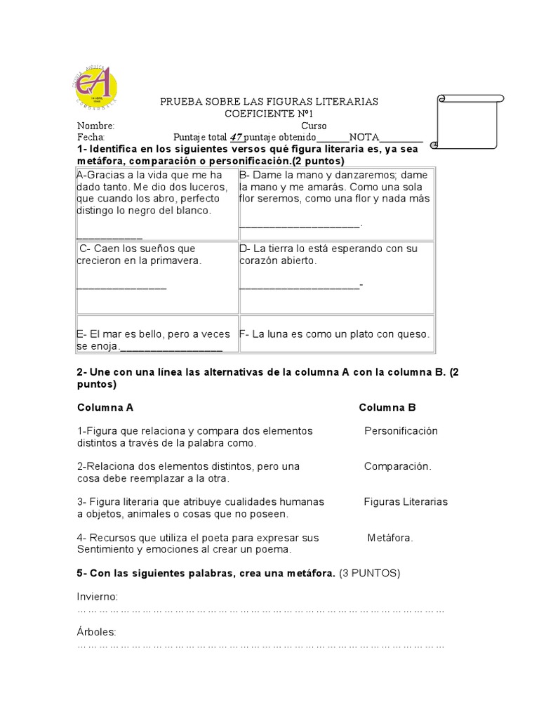 PRUEBA FIGURAS LITERARIAS Completar | PDF | Metáfora
