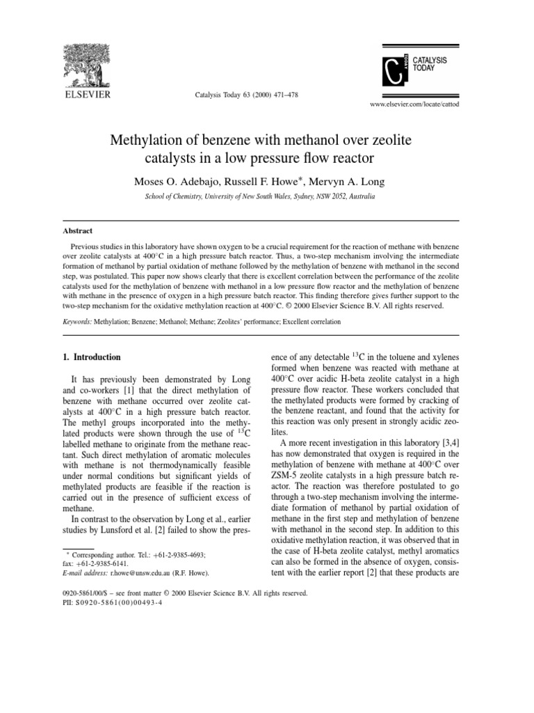 Adebajo - Methylation of Benzene With Methanol | PDF | Catalysis | Methanol