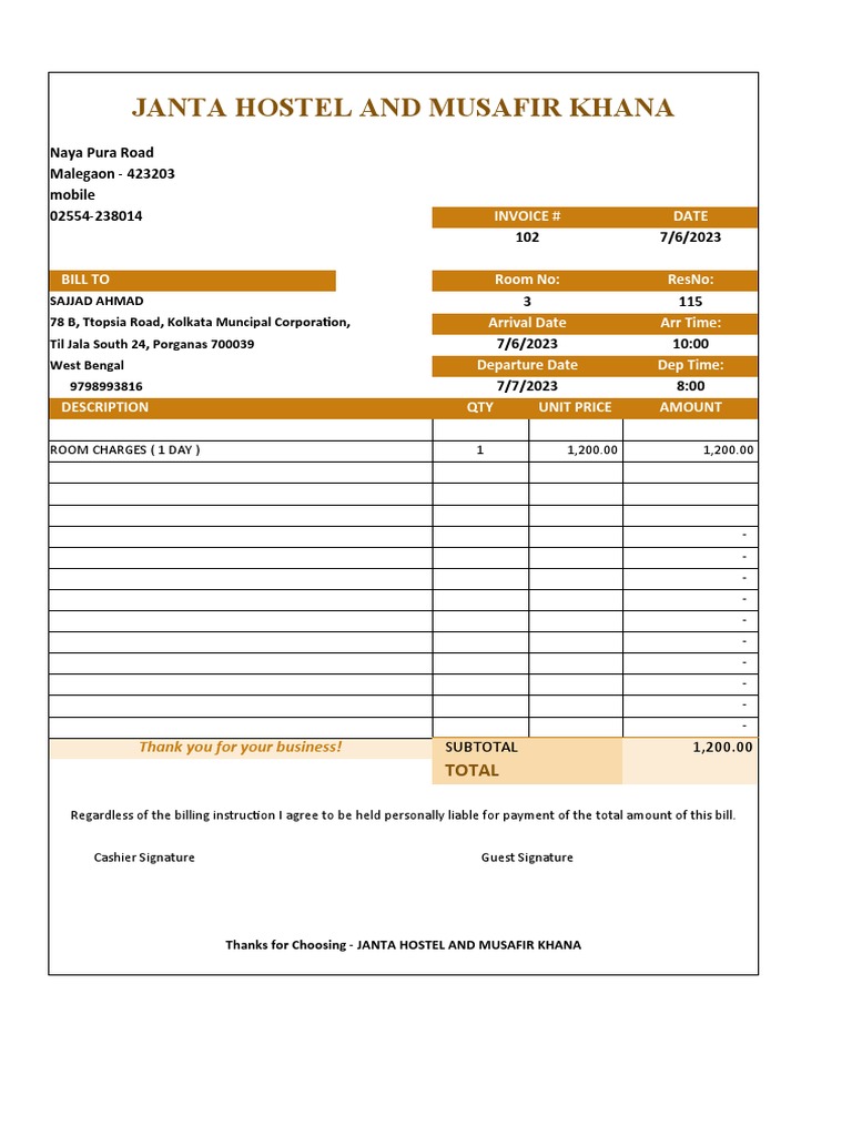 Hotel Invoice Sample 6 | PDF