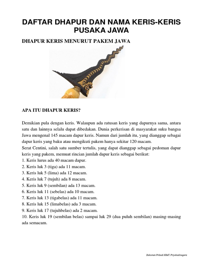 Daftar Dhapur Dan Nama Keris | PDF
