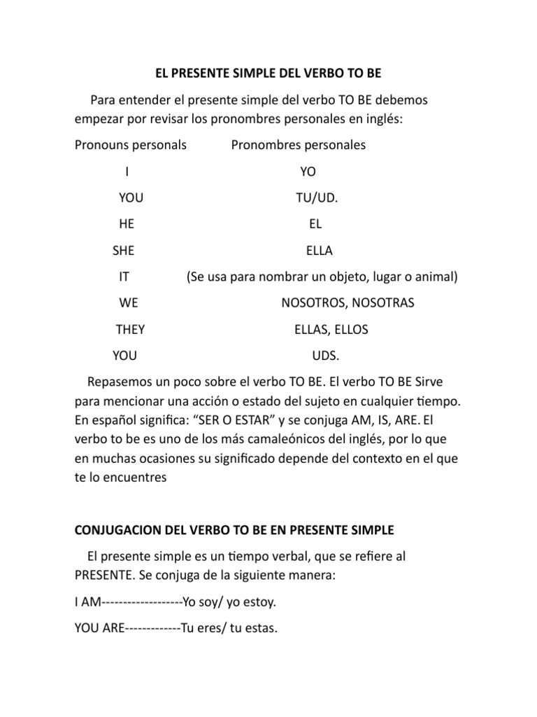 El Presente Simple Del Verbo To Be Pdf Verbo Mecánica Del Lenguaje