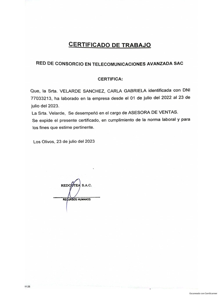 Certificado de Trabajo en - Carla Velarde Sanchez | PDF